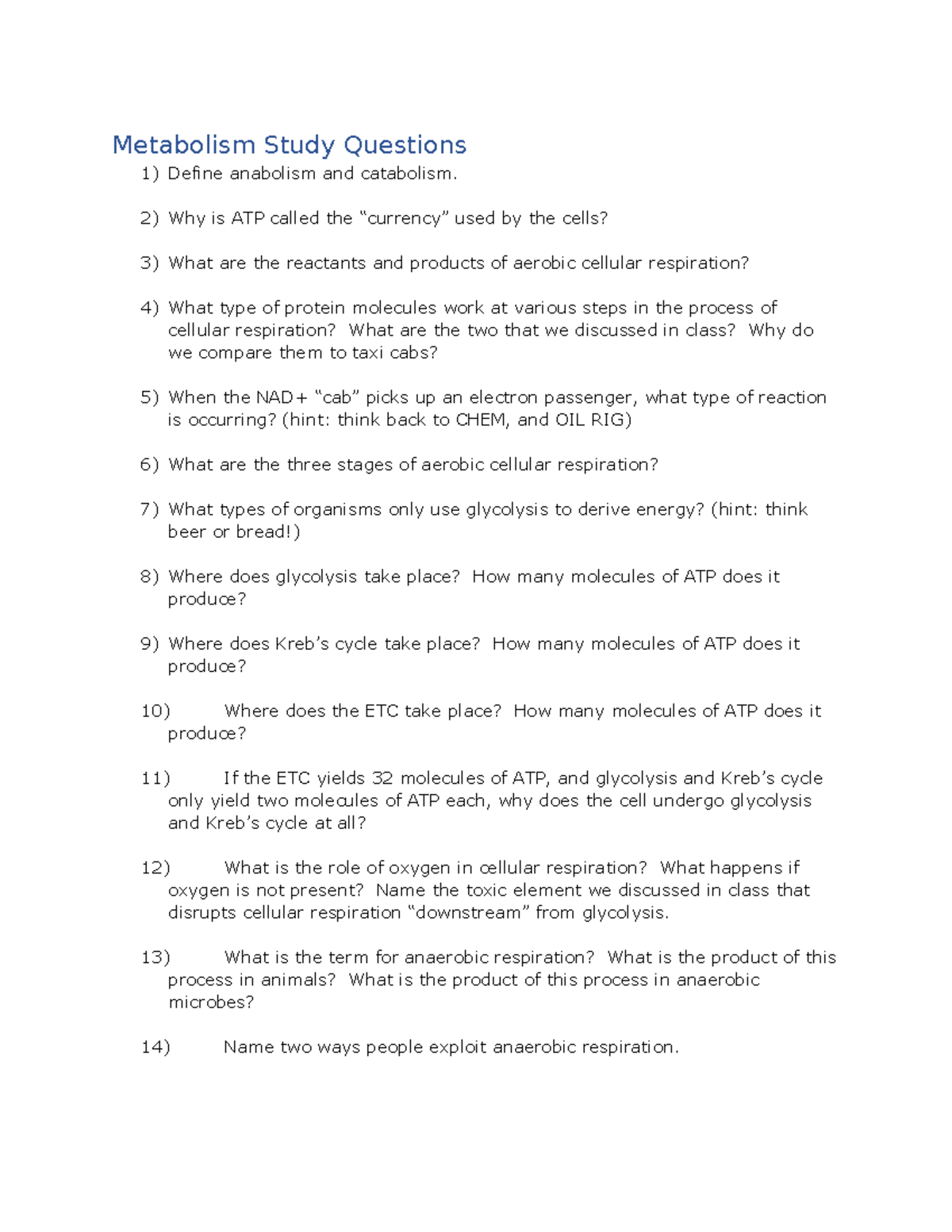 Metabolism Study Questions(1) - Metabolism Study Questions Define ...