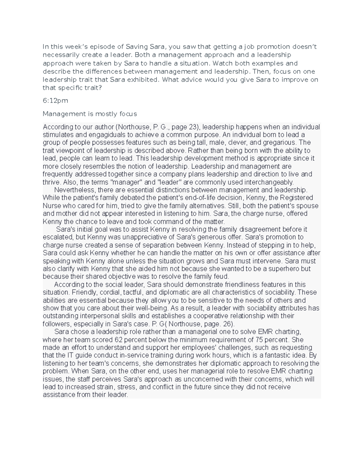 Discussion week 1 - essay - In this week’s episode of Saving Sara, you ...