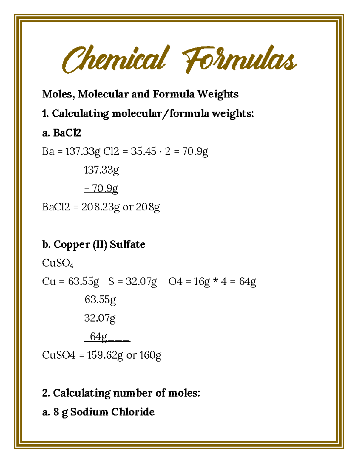 Chemical-Formulas - Lindy - Chemical Formulas **Moles, Molecular and ...