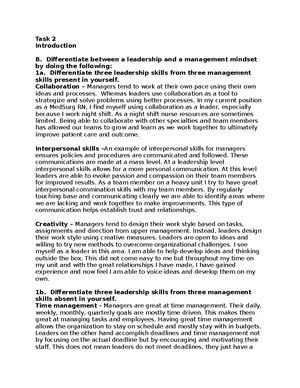 D218 Leadership Skills and Mindset Reflection Task 2 - Task 2 Leadership Skills and Mindset ...