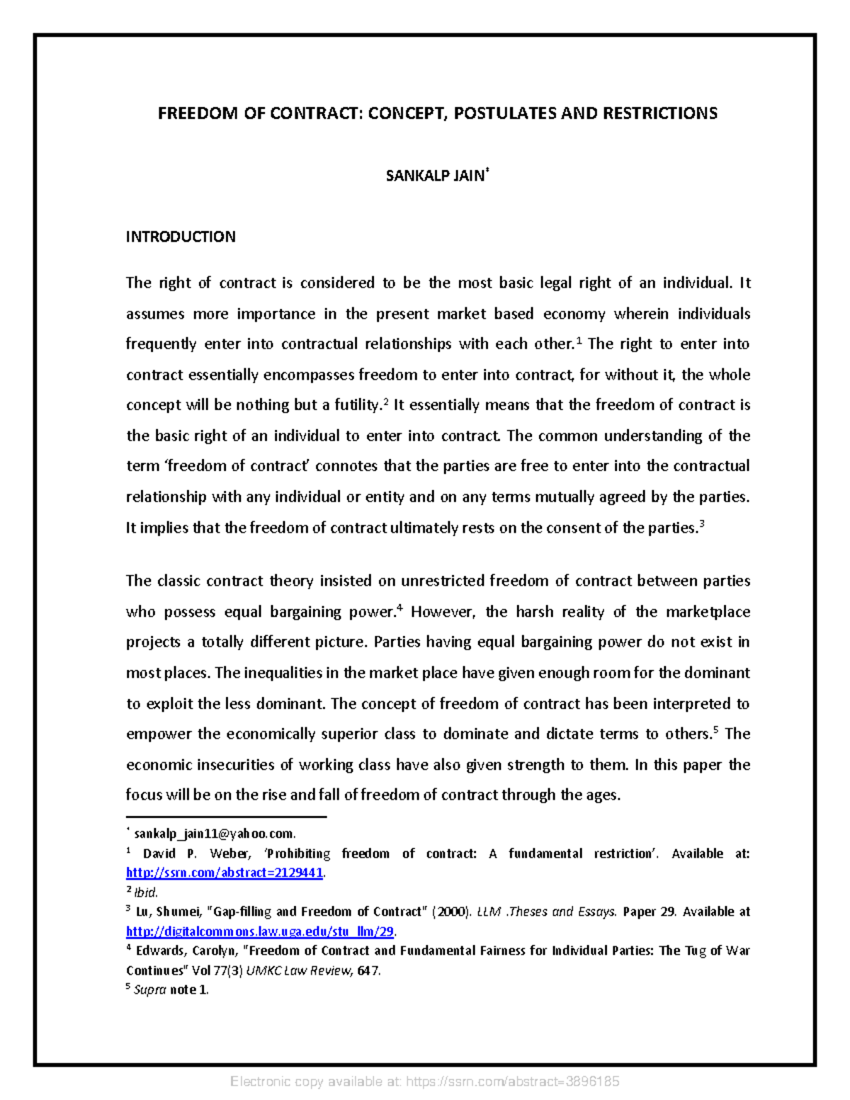 SSRN-id3896185 - NOTES - FREEDOM OF CONTRACT: CONCEPT, POSTULATES AND ...