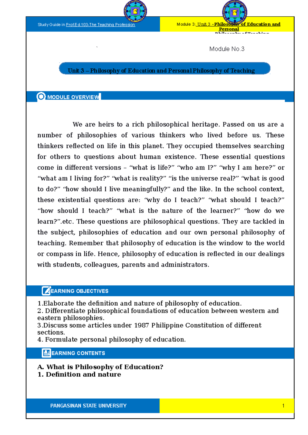 Module 3 the teaching profession - ` Module No. Unit 3 – Philosophy of ...