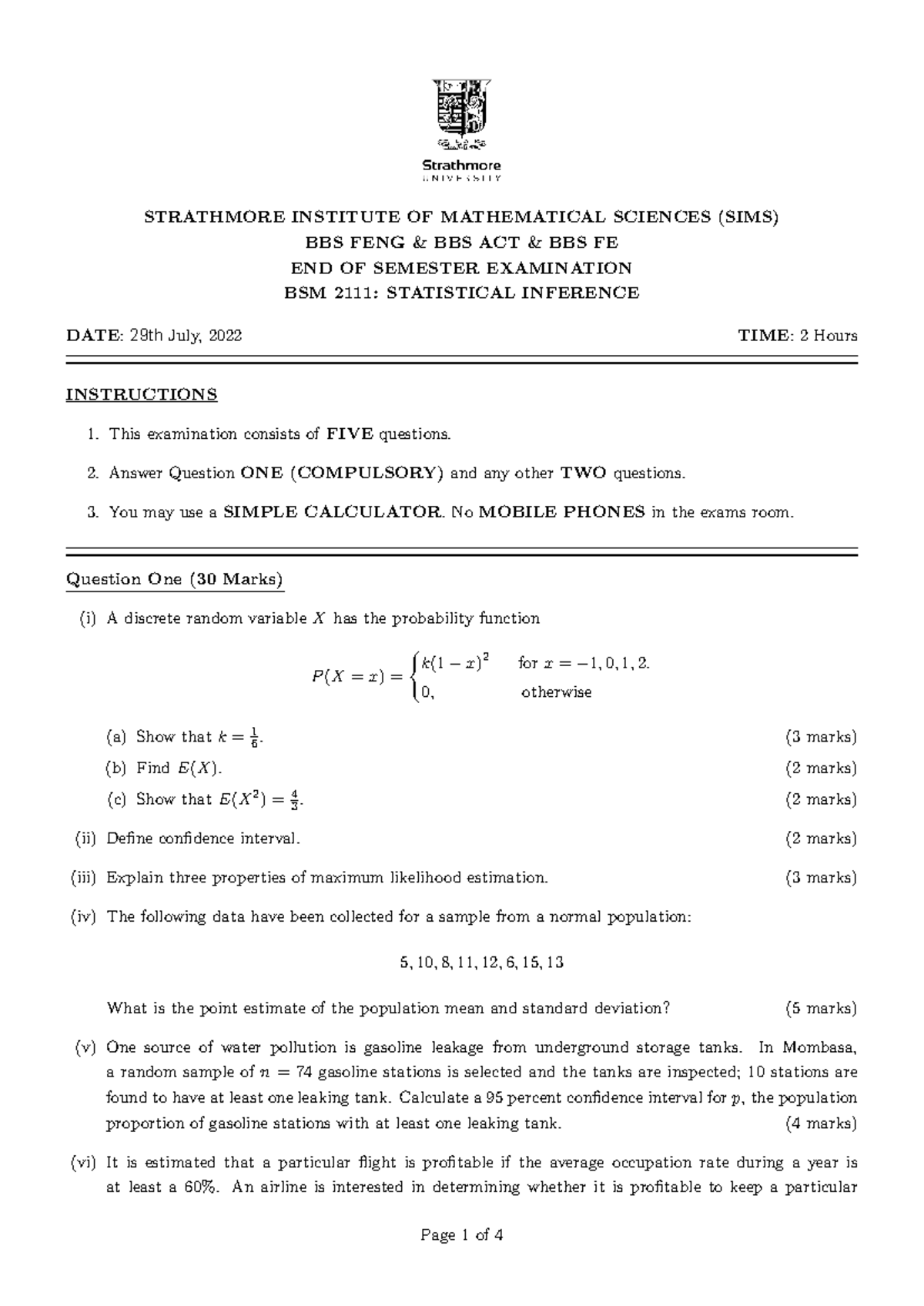 BSM 2111 - Statistical inferences - INSTRUCTIONS This examination consists of FIVE questions ...