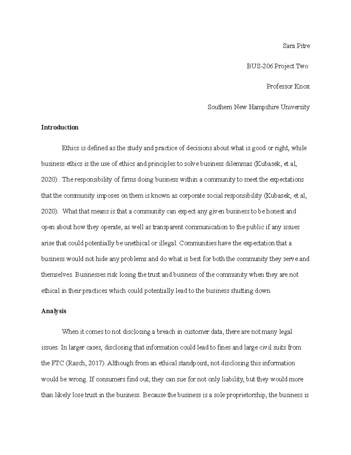 Project 2 report - Sara Pitre BUS-206 Project Two Professor Knox ...