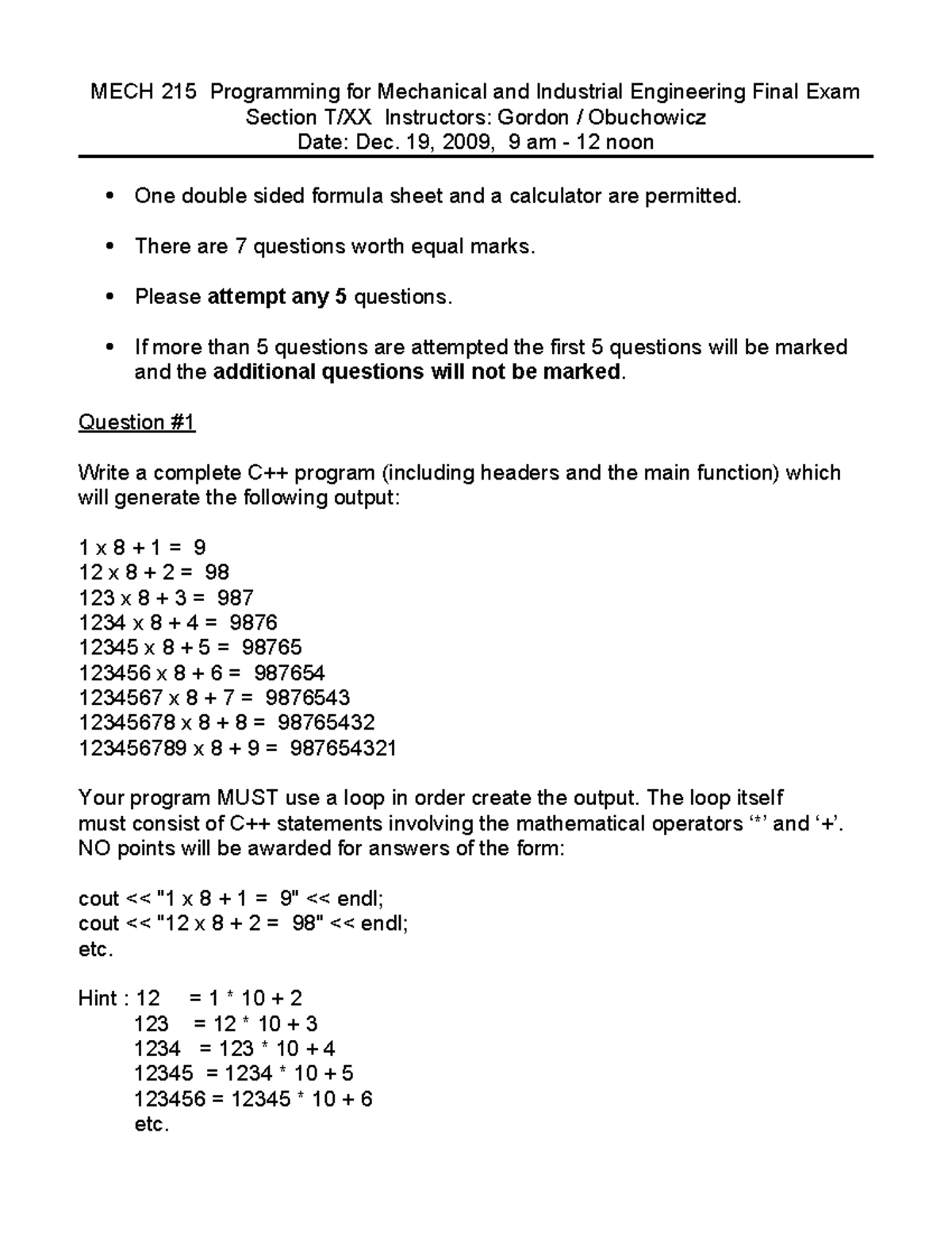Mech215 exam final - note - MECH 215 Programming for Mechanical and Industrial Engineering Final ...