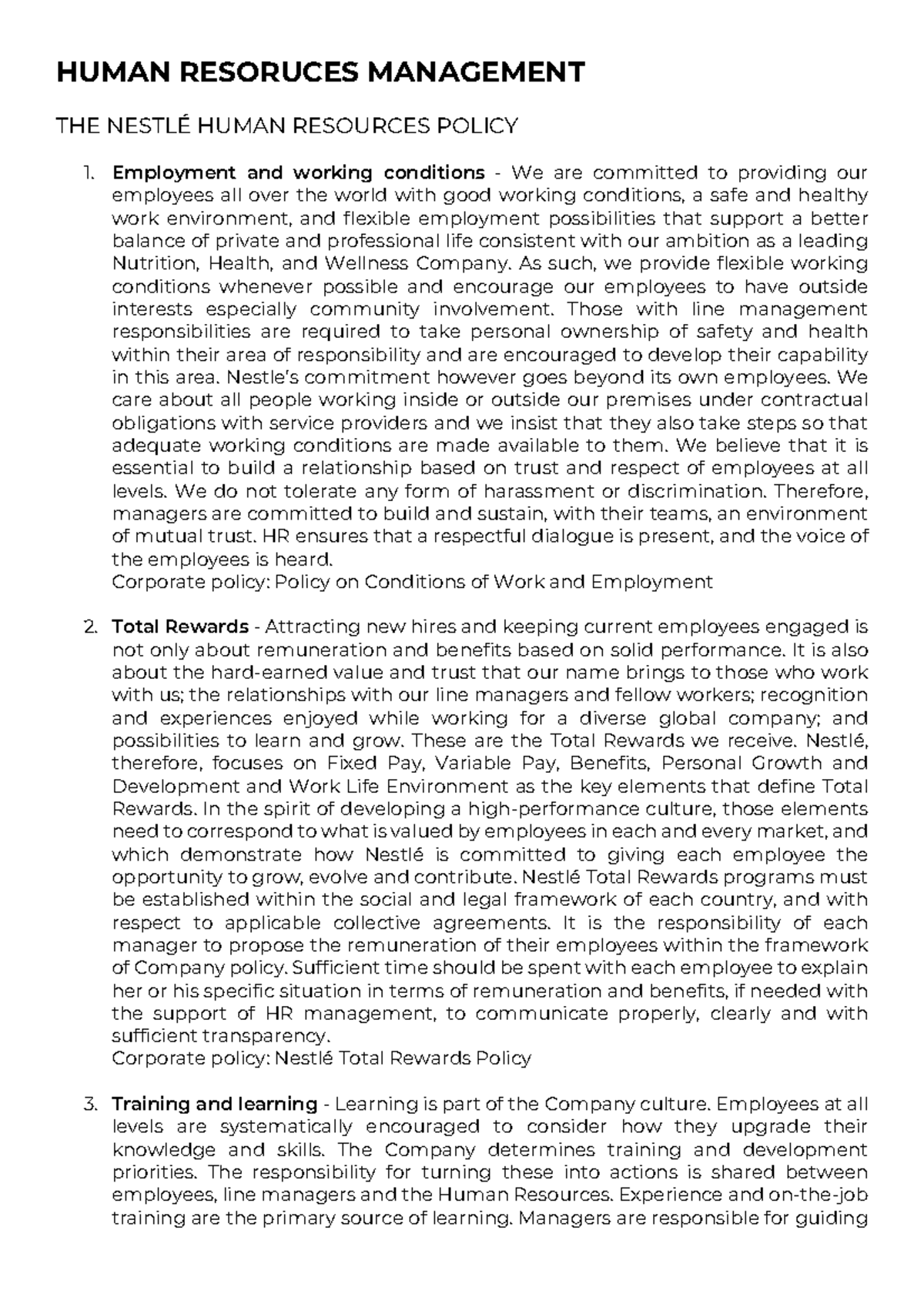 Human Resources Management The Nestle Human Resources Policy Notes ...