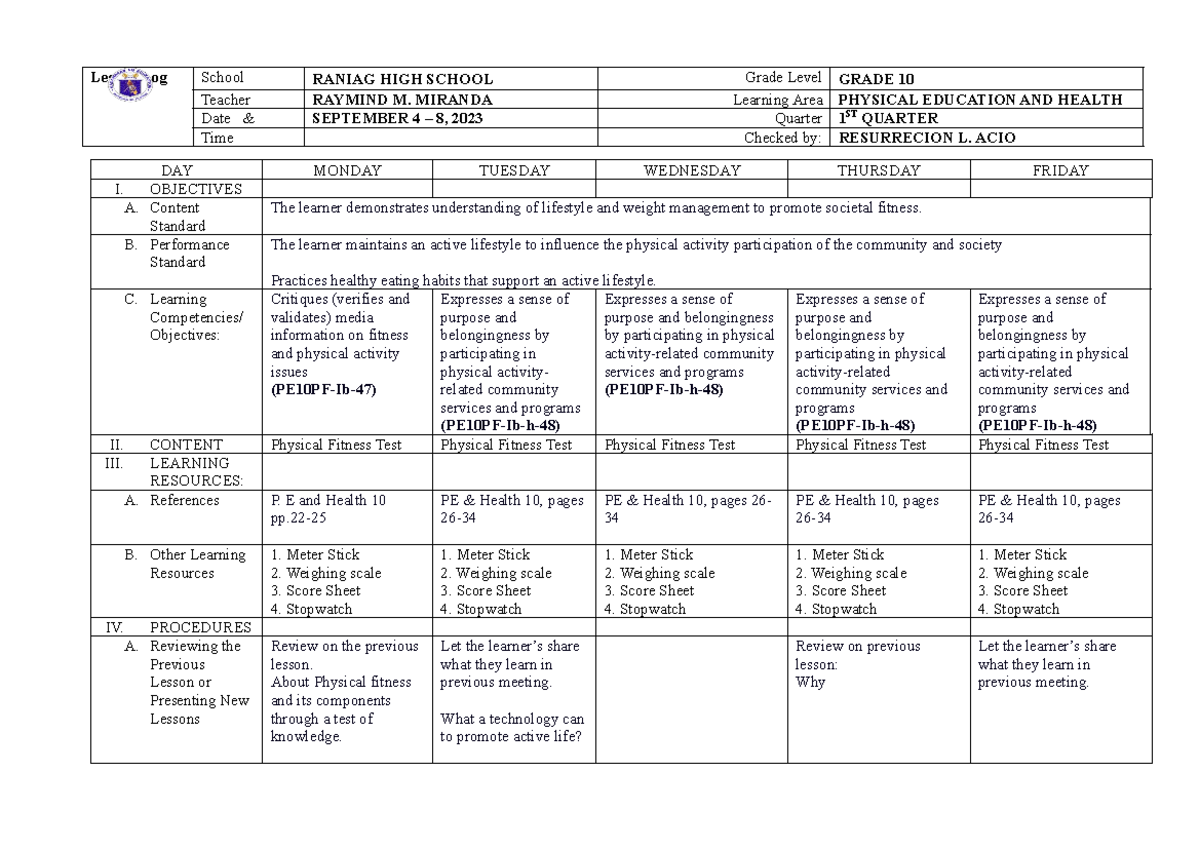 WEEK 2 - DAY MONDAY TUESDAY WEDNESDAY THURSDAY FRIDAY I. OBJECTIVES A ...