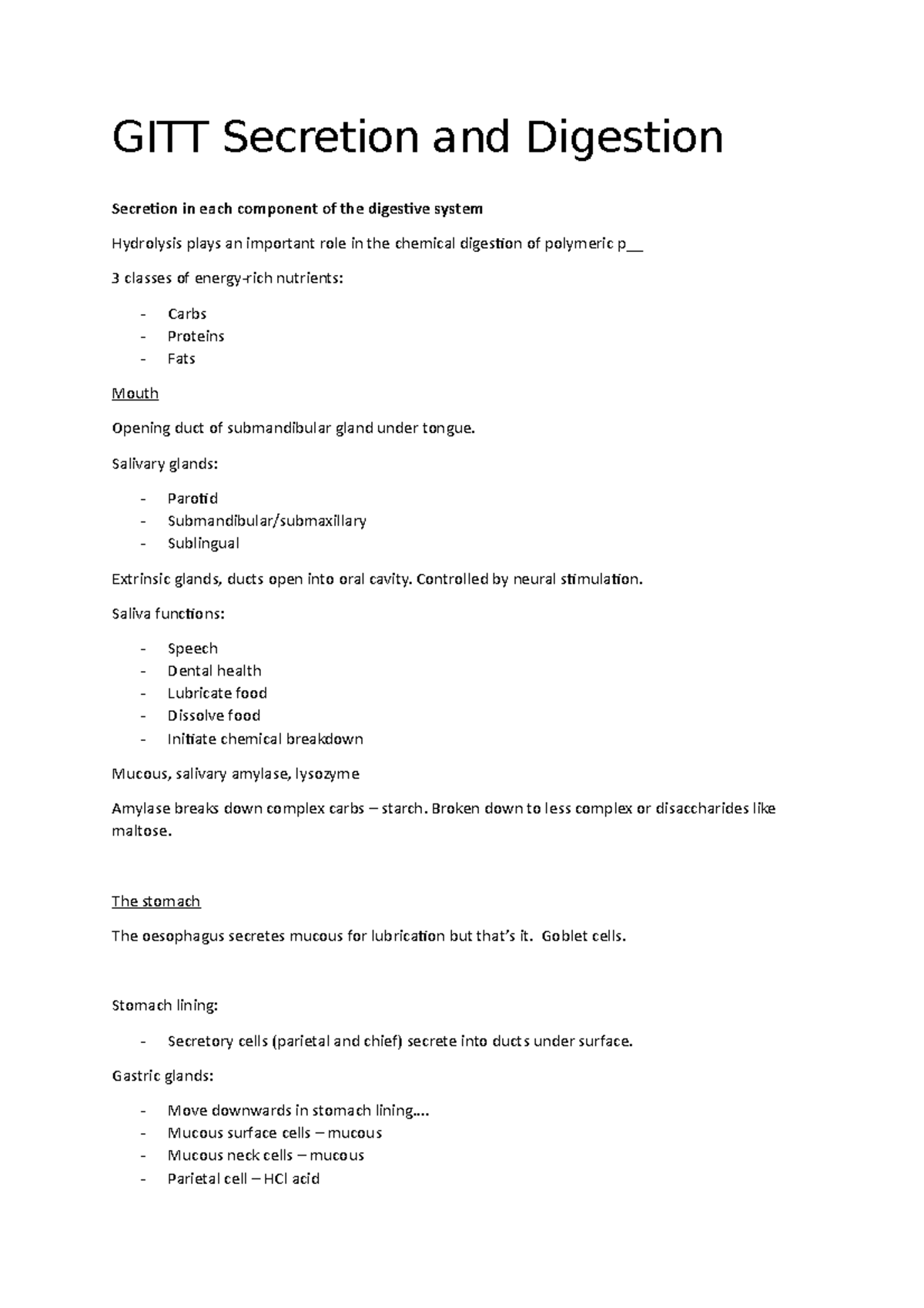 Gastro Secretion - GITT Secretion and Digestion Secretion in each ...