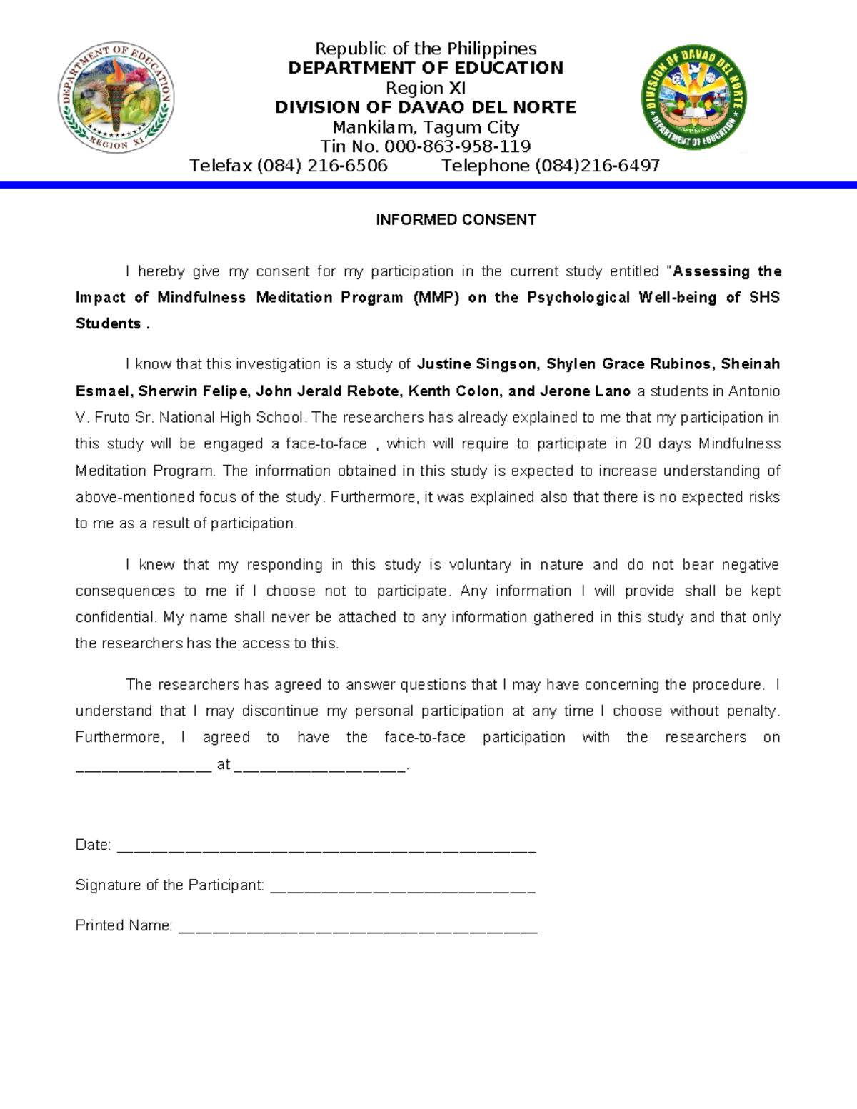Informed-consent - Republic of the Philippines DEPARTMENT OF EDUCATION ...