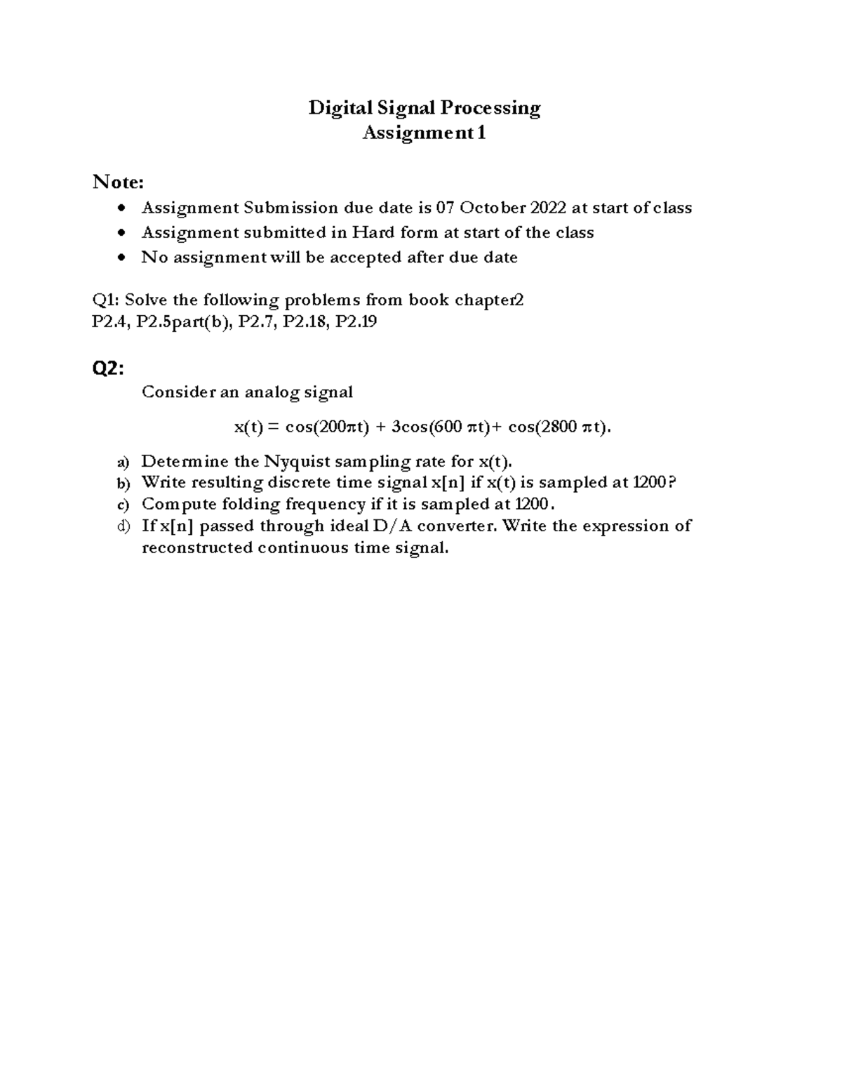 DSP FA22 Assign 1 - nothing - Digital Signal Processing Assignment 1 Note: Assignment Submission ...