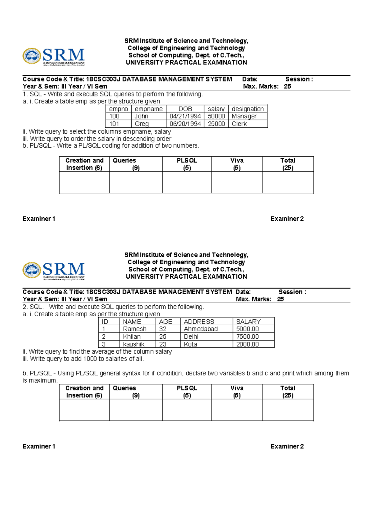 Dbms Qp College Of Engineering And Technology School Of Computing Dept Of C University