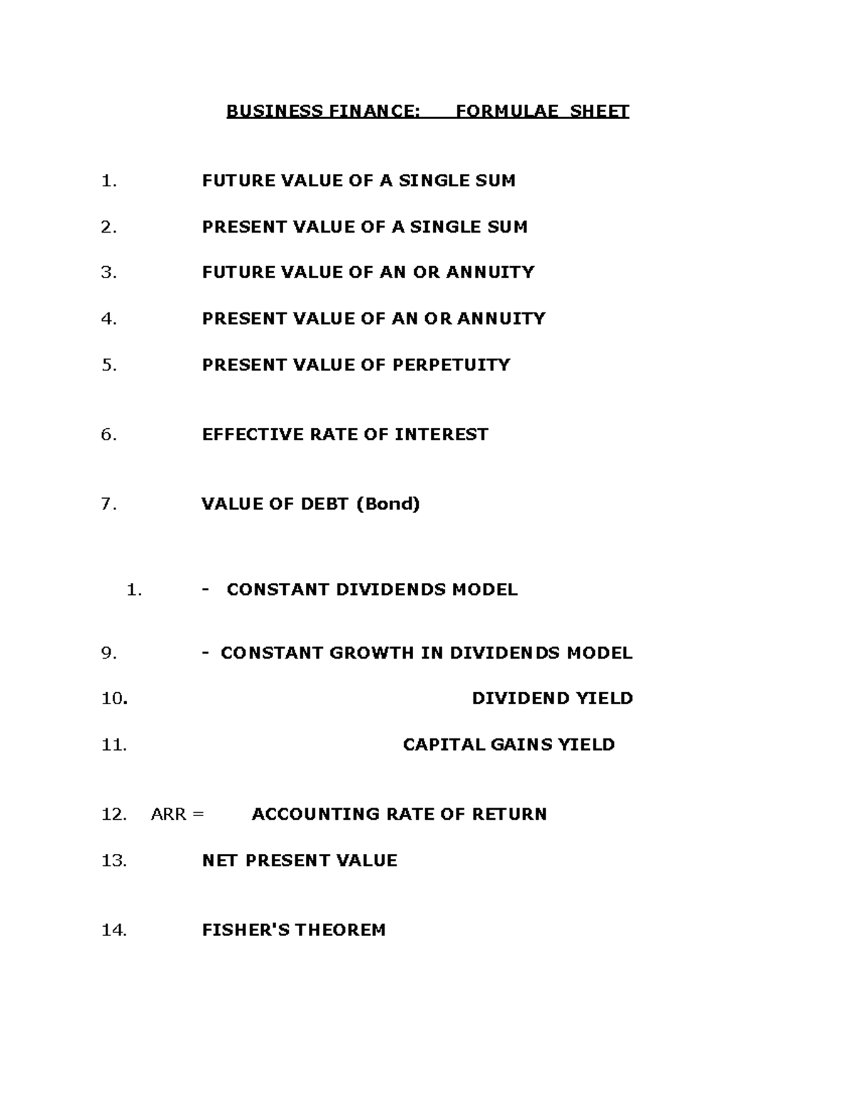 Untitled document - Formula Sheet - BUSINESS FINANCE: FORMULAE SHEET 1. FUTURE VALUE OF A SINGLE ...