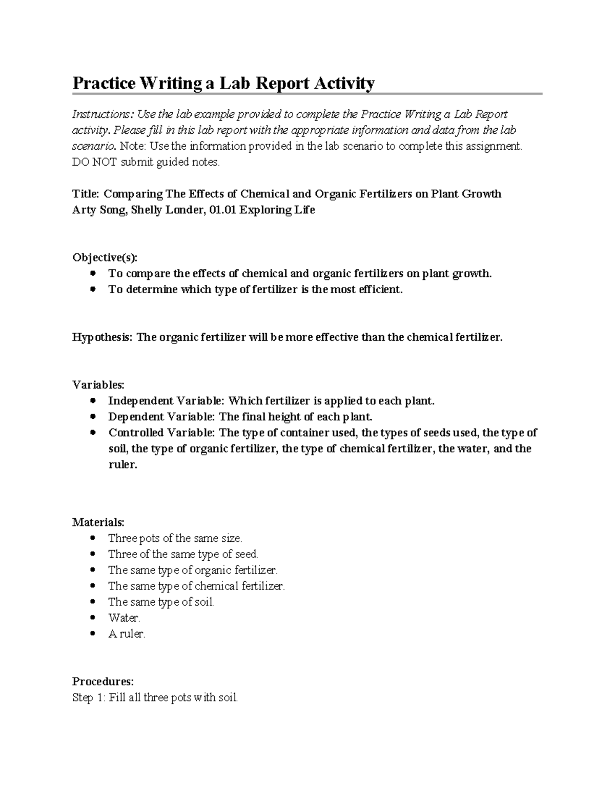 Fertilizer lab - Practice Writing a Lab Report Activity Instructions ...