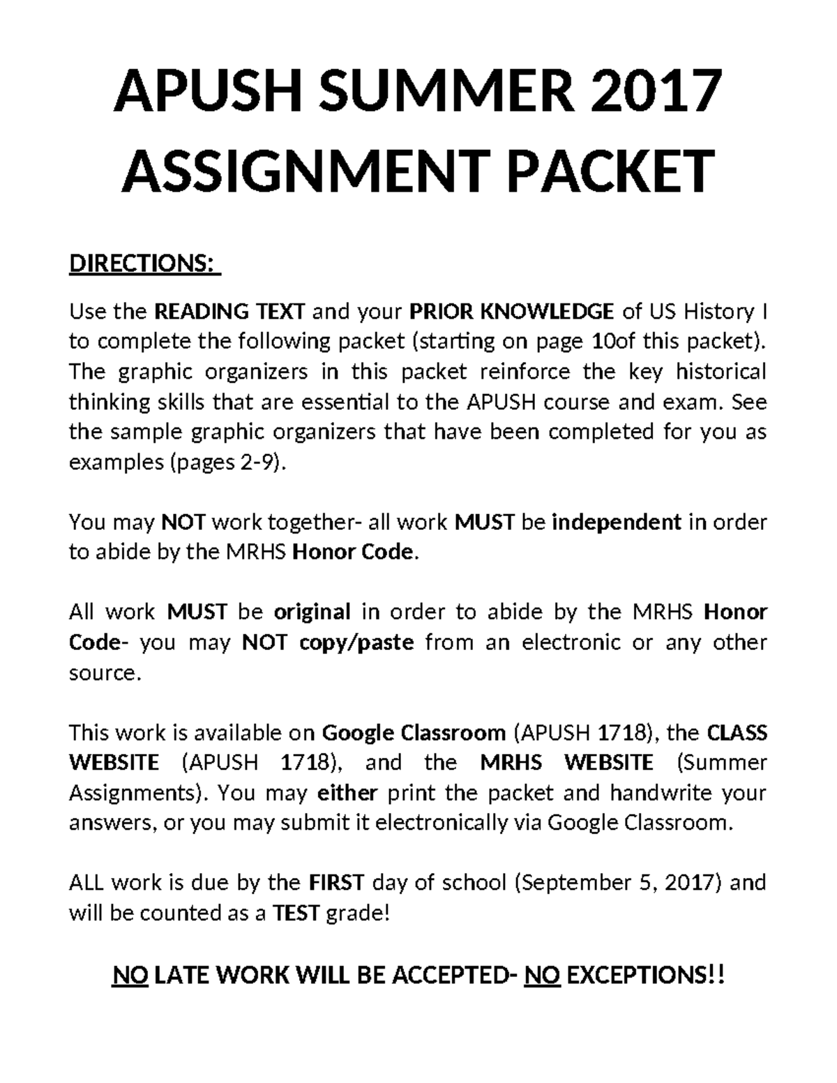 Apush Summer Work 1718 - APUSH SUMMER 2017 ASSIGNMENT PACKET DIRECTIONS ...