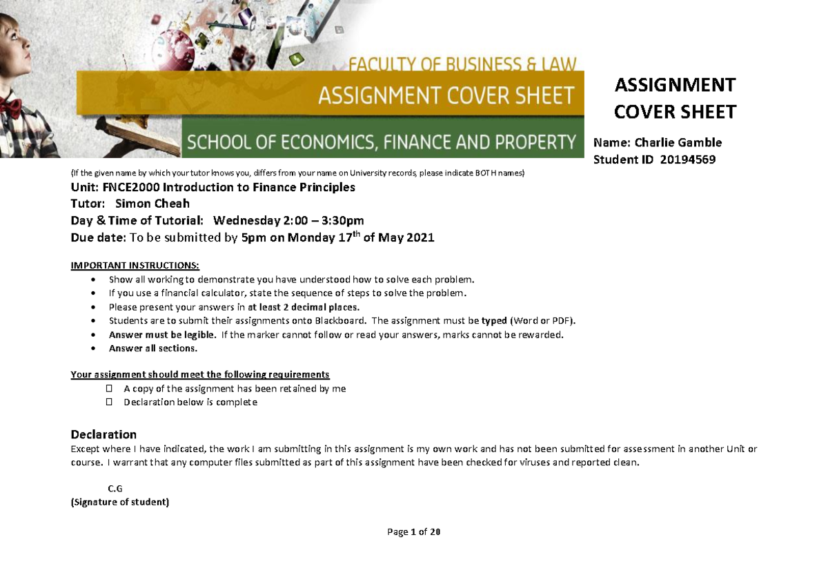 Finance Principles - Assessment 1 - ASSIGNMENT COVER SHEET Name ...