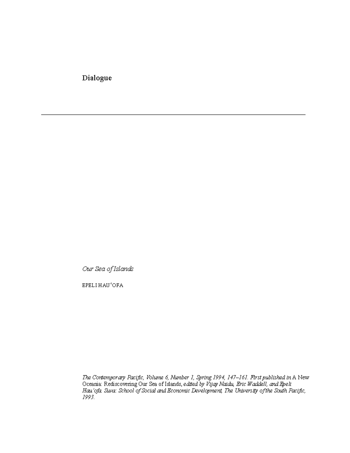 Hau'ofa, Our Sea of Islands - Dialogue - Studocu