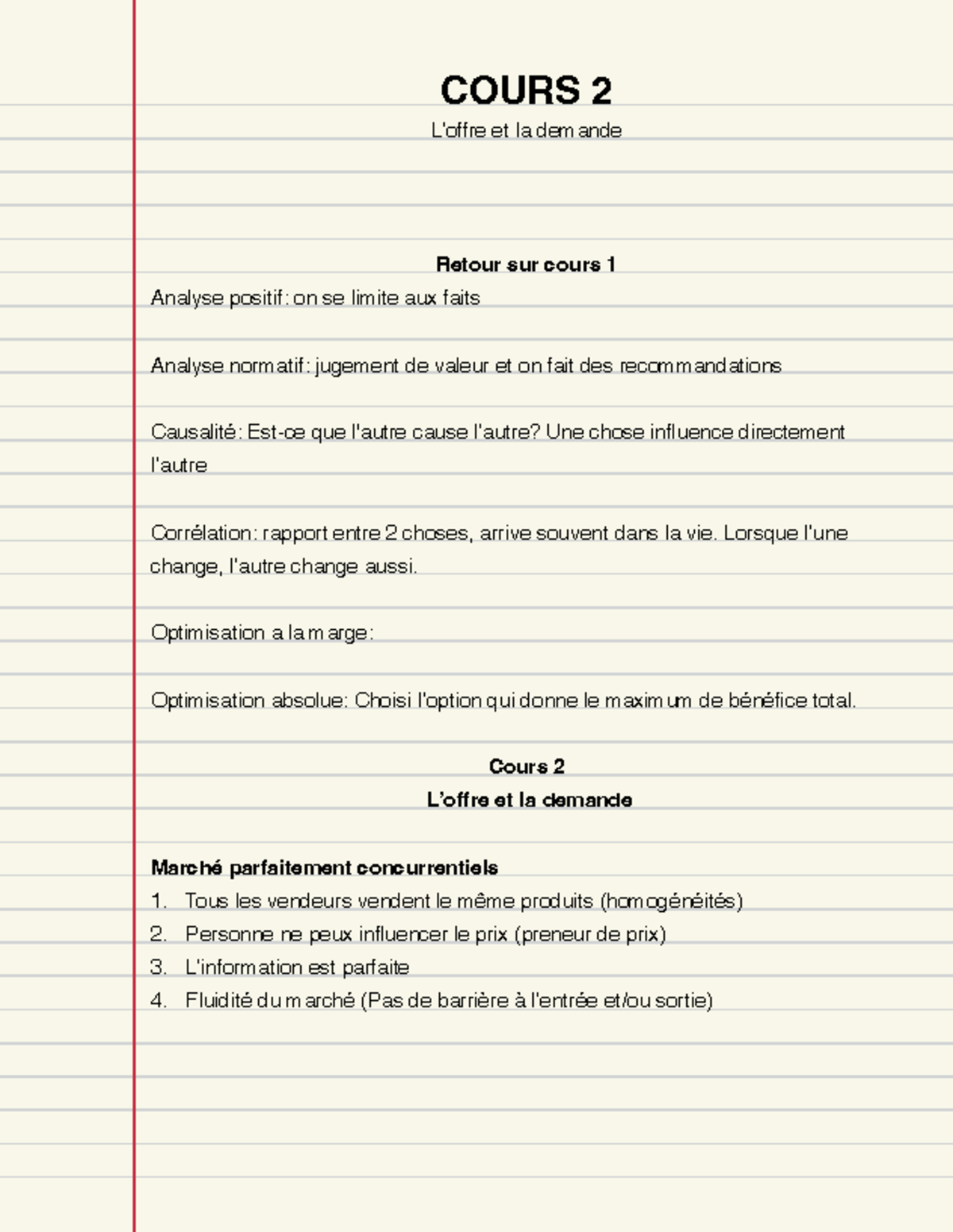 Cours 2 - COURS 2 L’offre et la demande Retour sur cours 1 Analyse ...