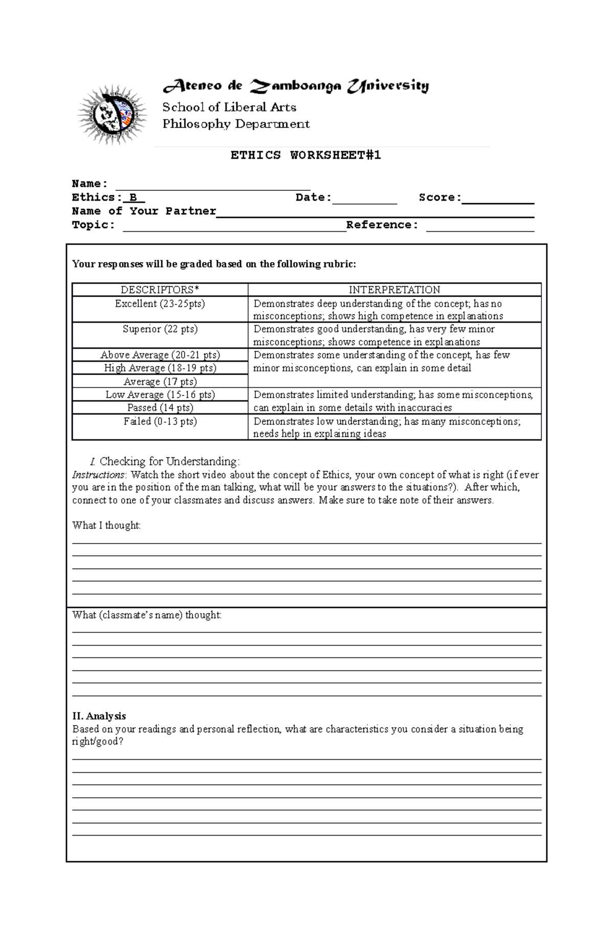 Worksheet #1 - ETHICS WORKSHEET# Name ...