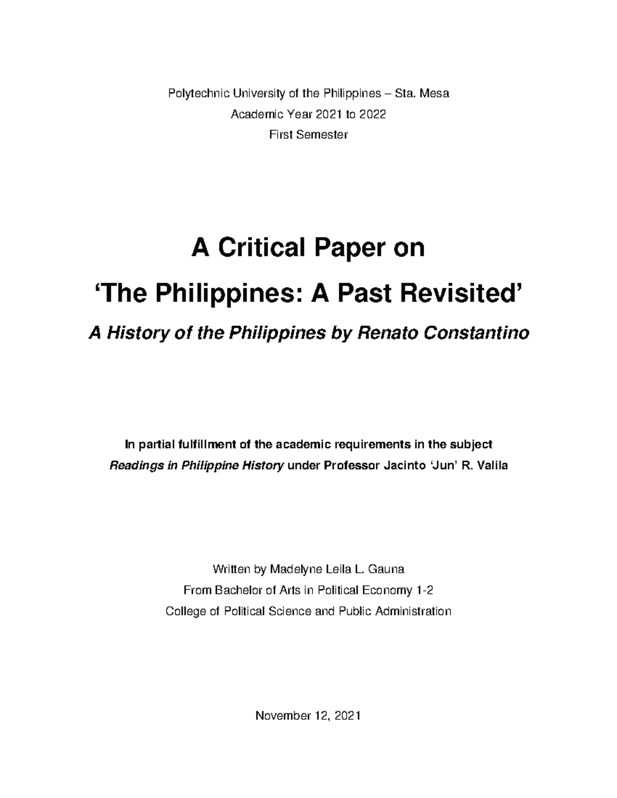A Critical Paper on The Philippines A Pa - Polytechnic University of ...