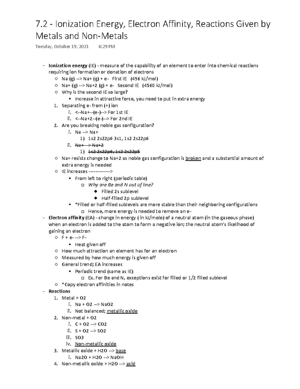 7.2 - Ionization Energy, Electron Affinity, Reactions Given by Metals ...