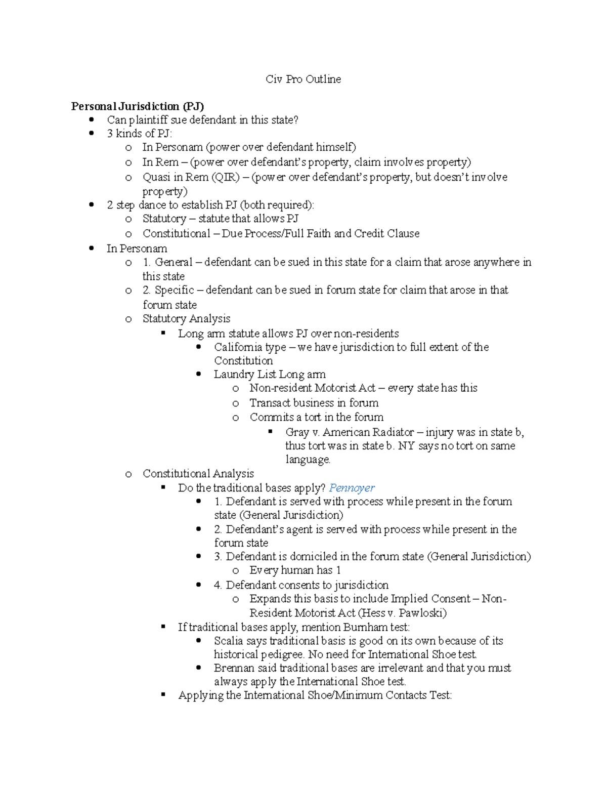 Civil Procedure Outline - Sample - Civ Pro Outline Personal ...