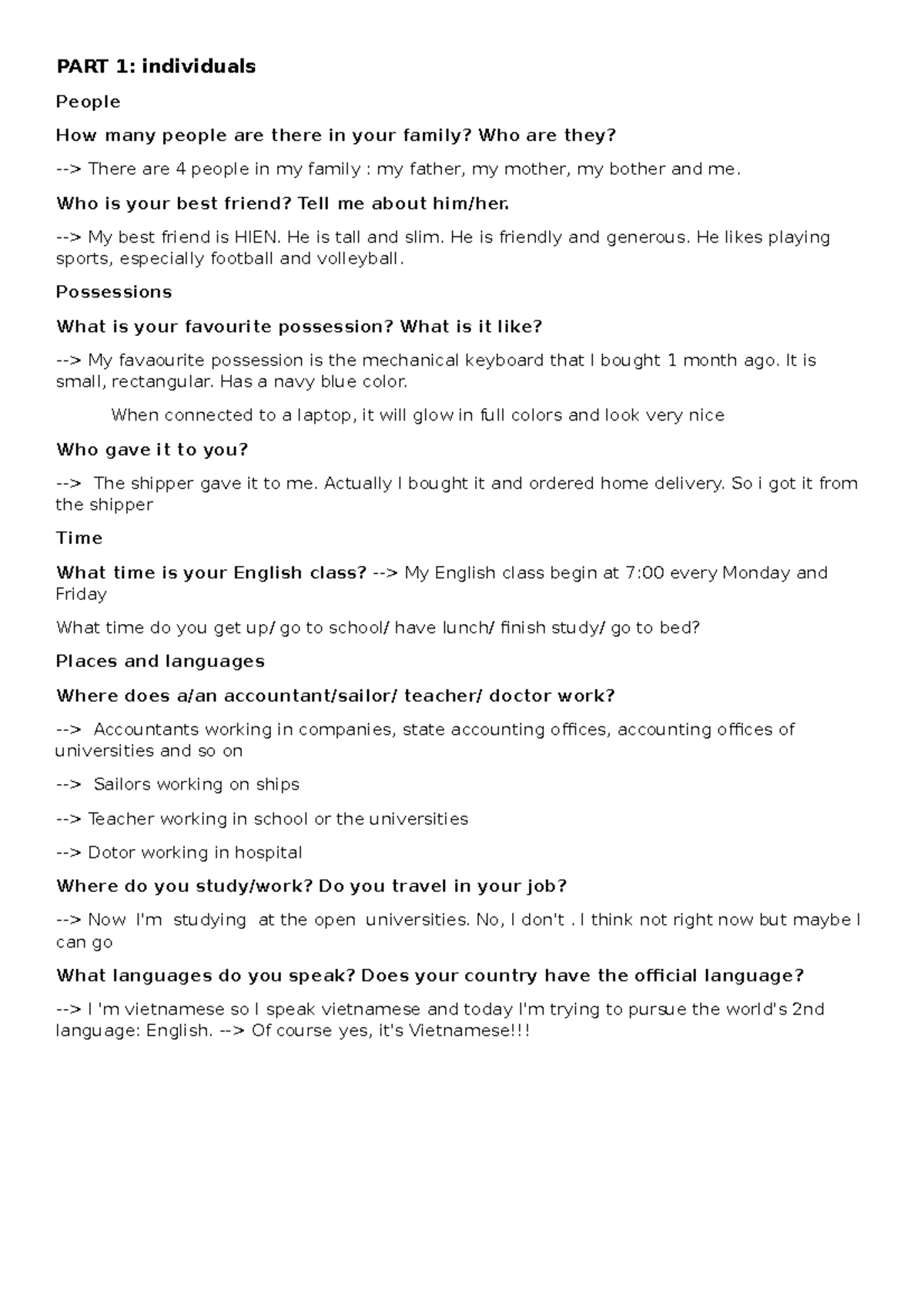 Tiếng anh - topic - PART 1: individuals People How many people are ...