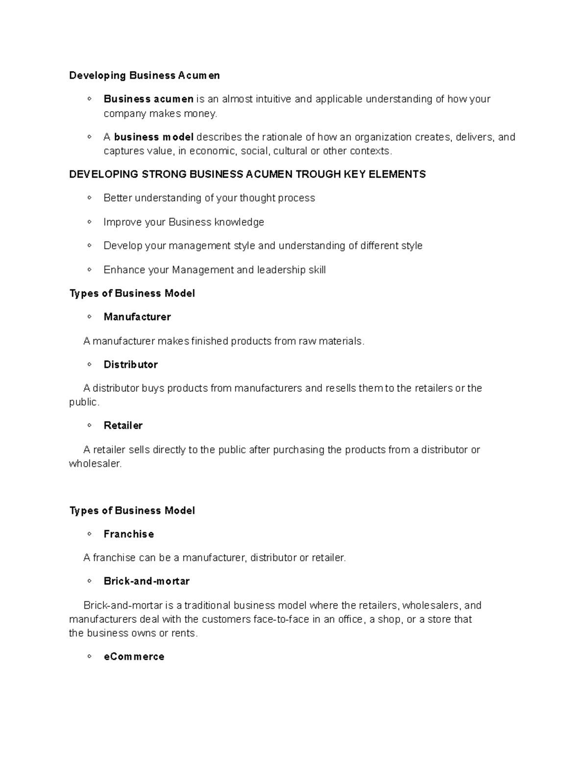 Developing Business Acumen - A business model describes the rationale ...