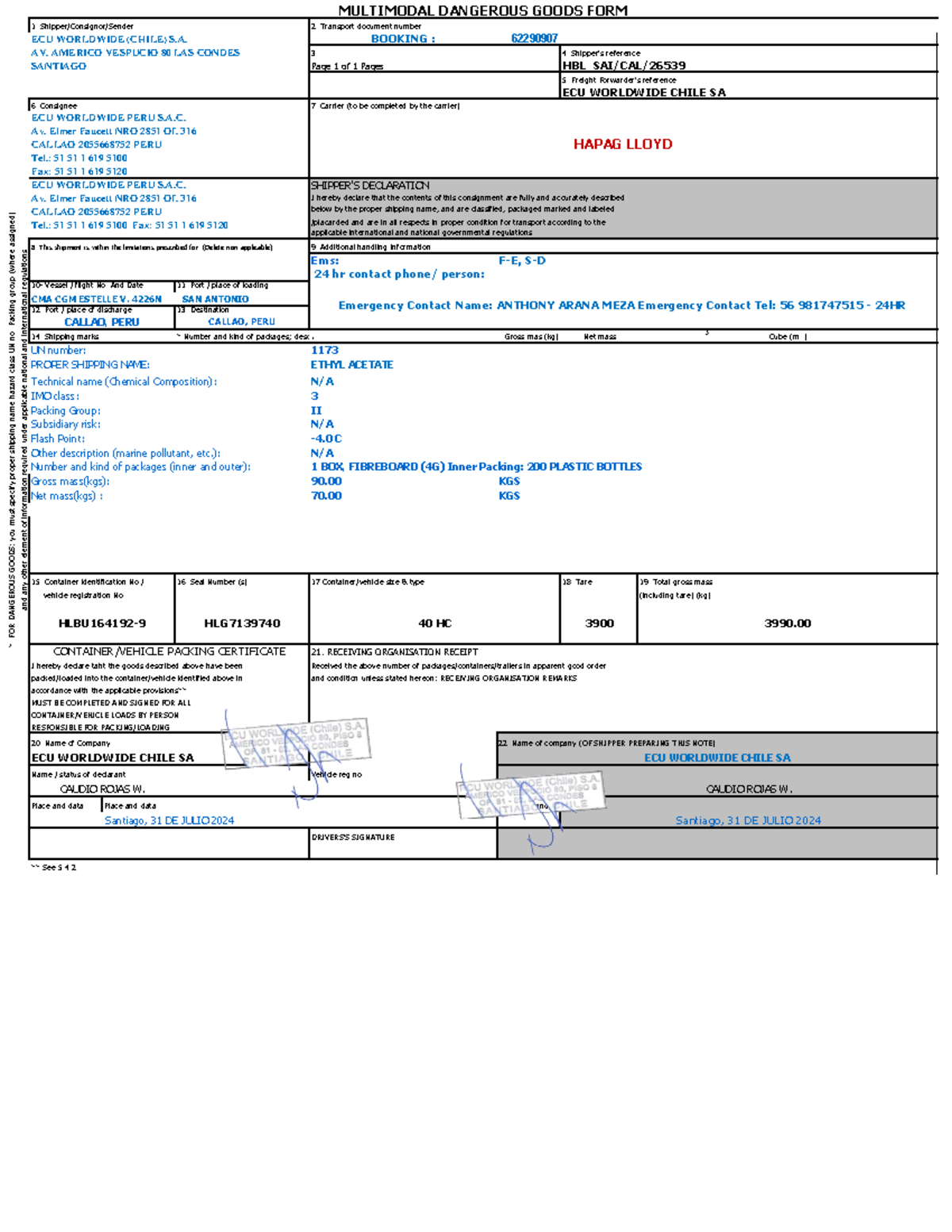 IMO 3 UN 1173 Catalizador - Anthony - CAL MN Seaspan Hamburg V. 429W ...