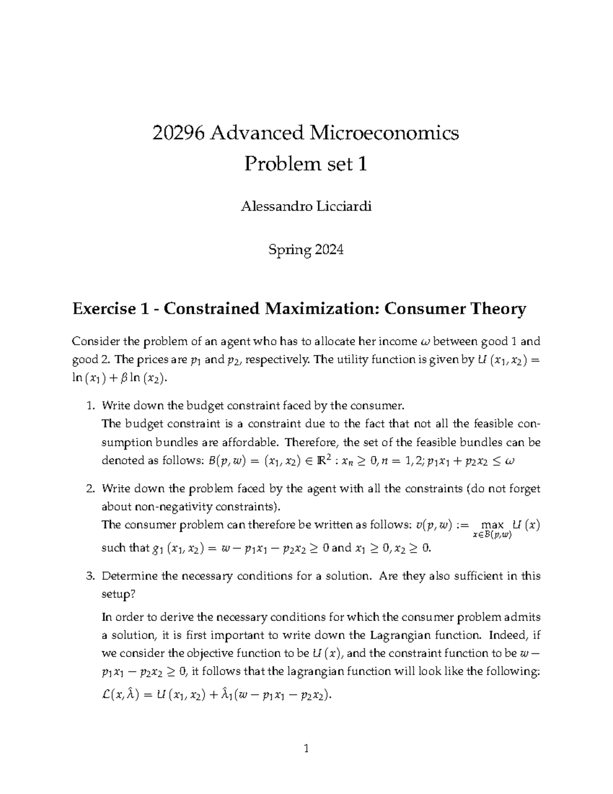 Micro (30) - esercizi - 20296 Advanced Microeconomics Problem set 1 ...