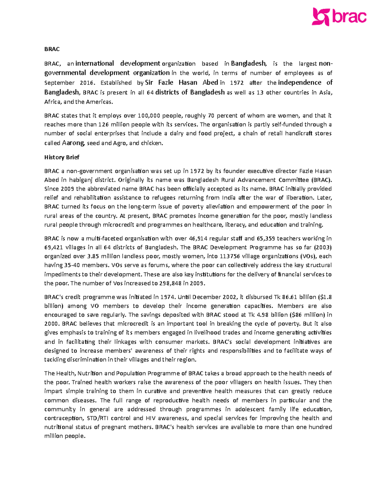 OM IRP BRAC - BRAC BRAC, an international development organization ...