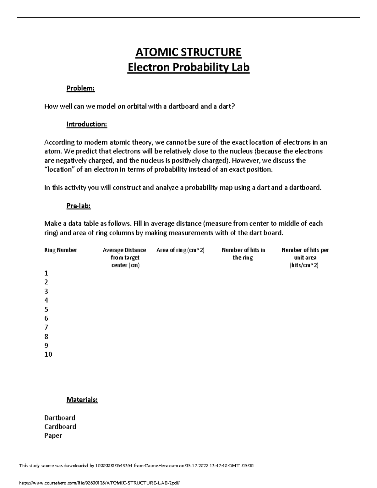 Atomic Structure LAB 2 ATOMIC STRUCTURE Electron Probability Lab
