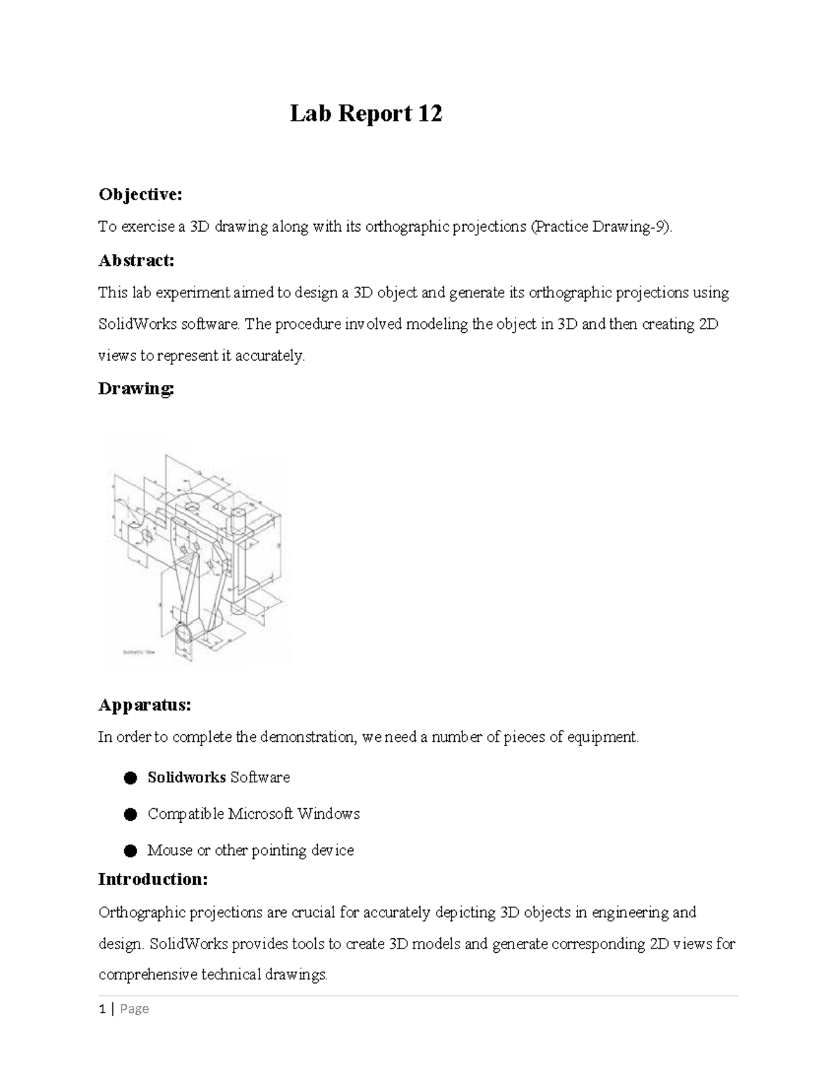 12th lab Cad - Lab - Lab Report 12 Objective: To exercise a 3D drawing ...