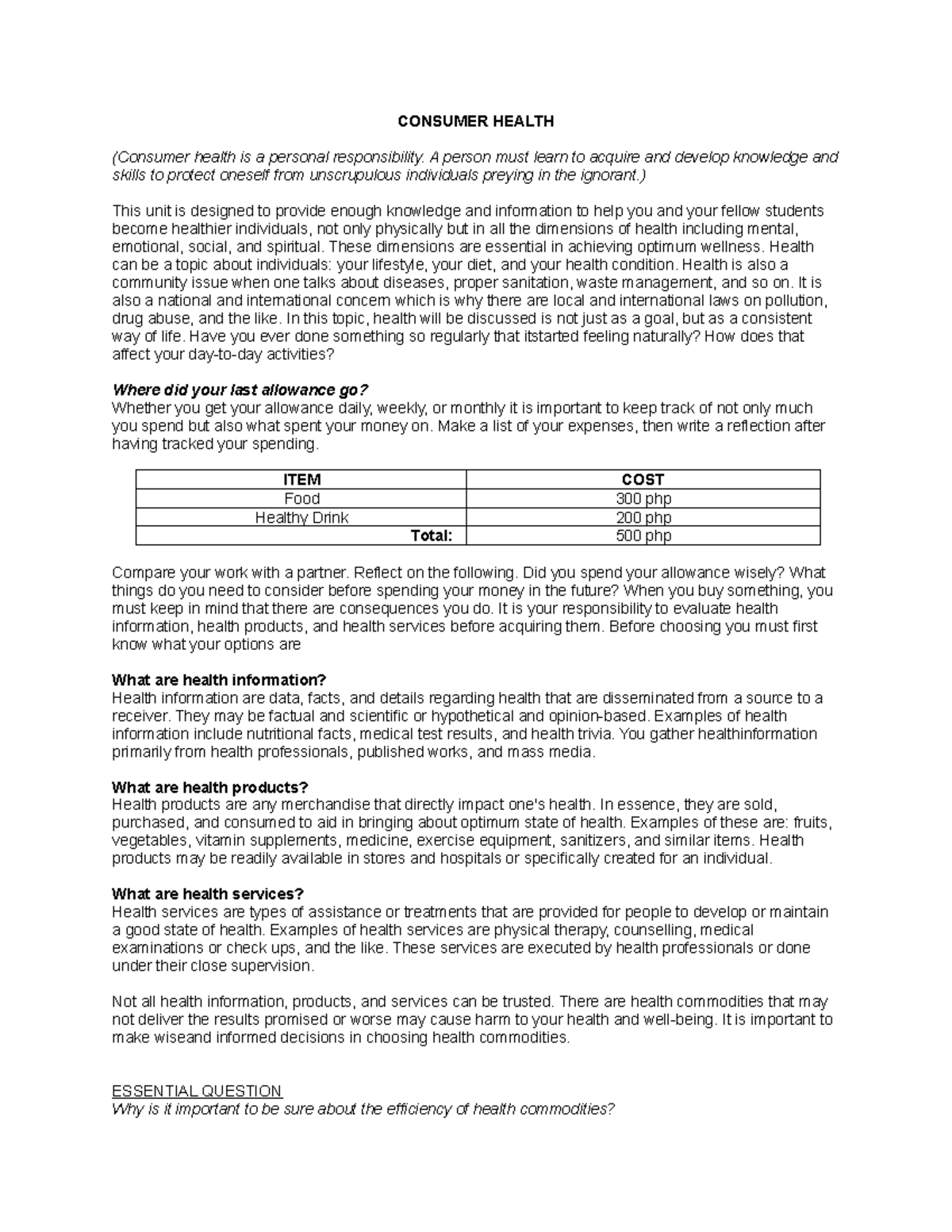 Consumer Health Guidelines - CONSUMER HEALTH (Consumer health is a ...