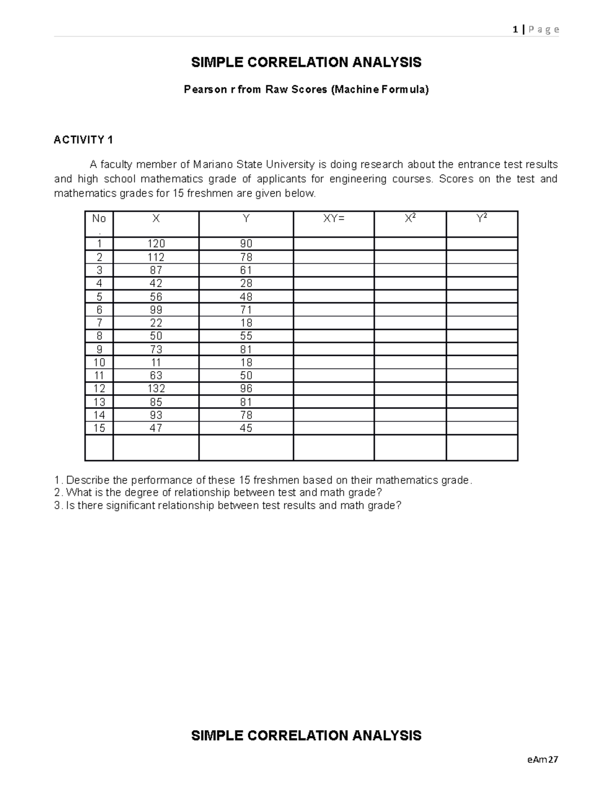 STAT - Stats - SIMPLE CORRELATION ANALYSIS Pearson r from Raw Scores ...