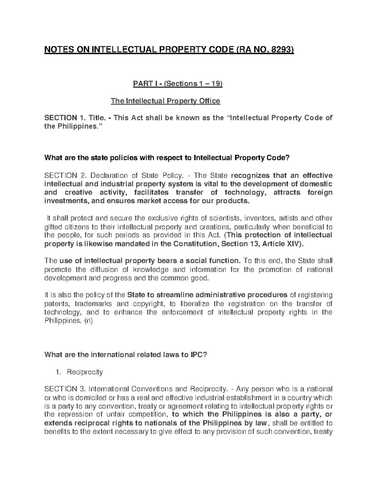 Notes ON IPC (RA No. 8293)-LAW on Patents - NOTES ON INTELLECTUAL ...