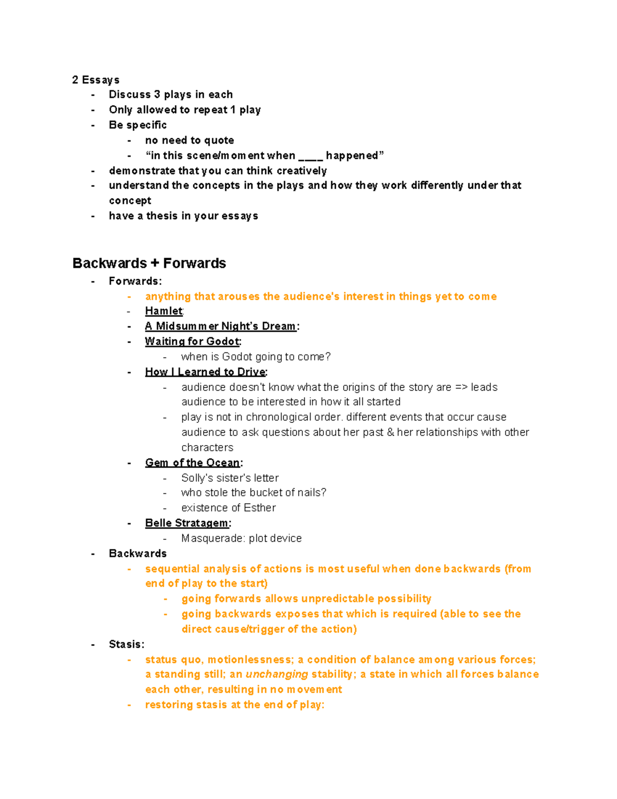 Final Study Guide - 2 Essays - Discuss 3 plays in each - Only allowed ...