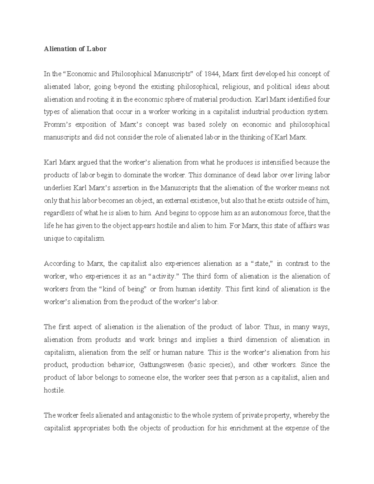 Alienaton Of Labour - It will provide understanding Alienation of Labor ...