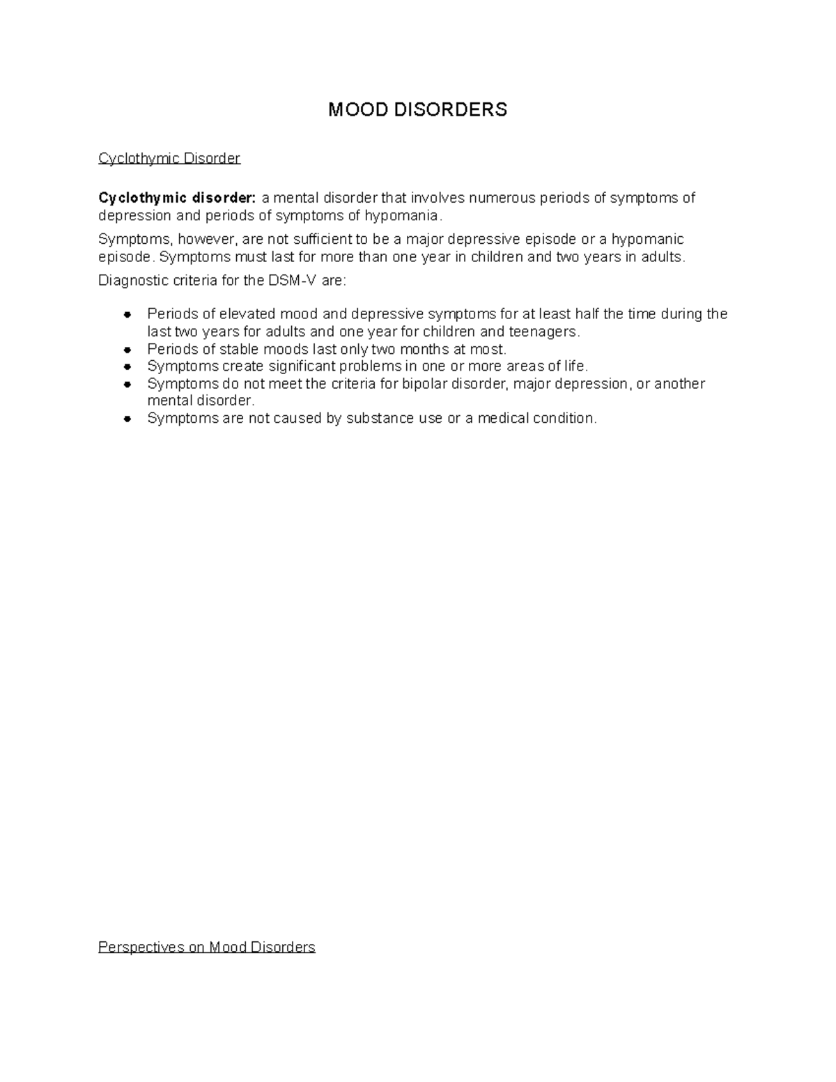 PSY 215 Mood Disorders Notes Part 2 - MOOD DISORDERS Cyclothymic ...