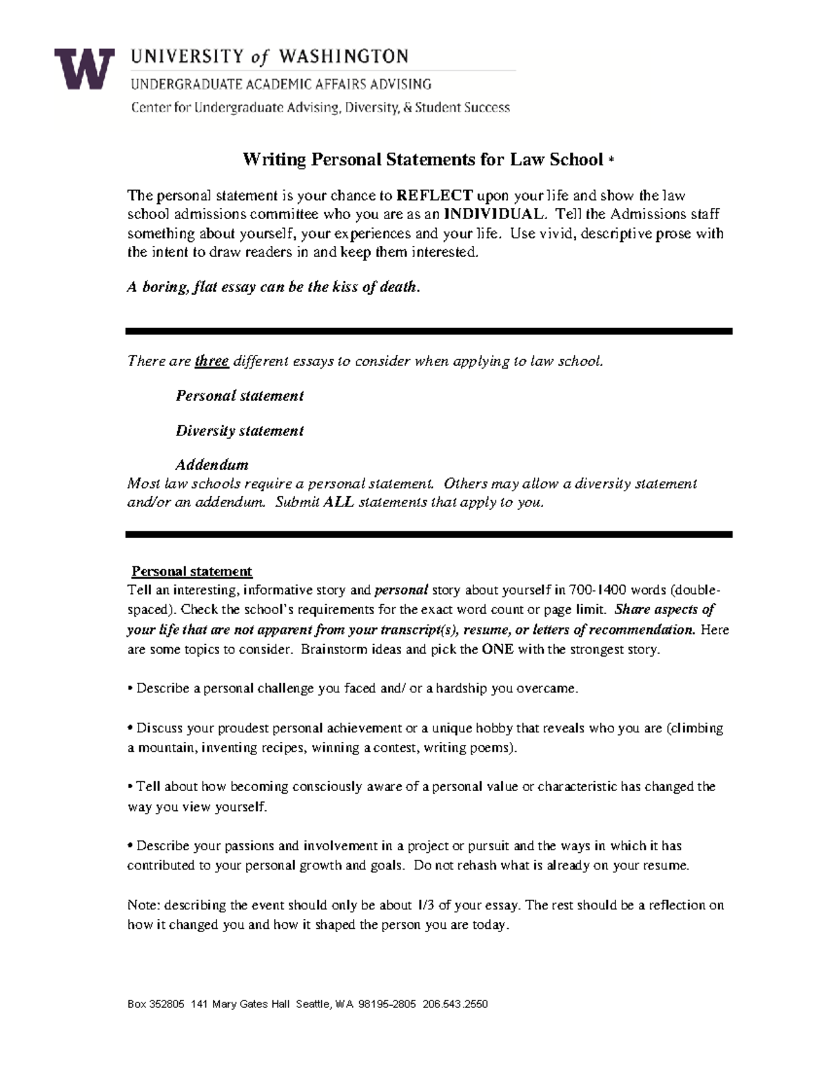 Personal statement law - Box 352805 141 Mary Gates Hall Seattle, WA ...