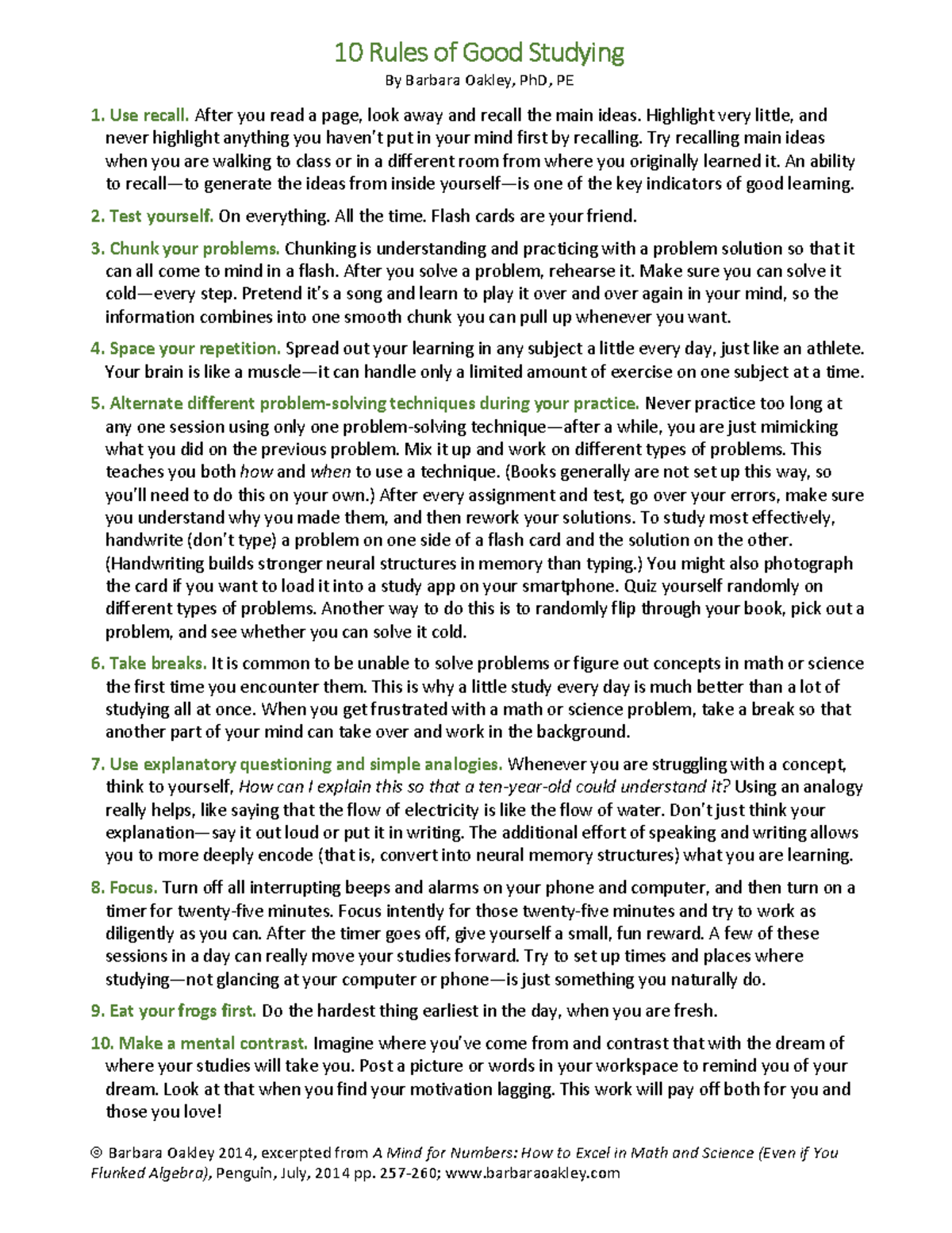 10 Rules of Good and Bad Studying - Barbara Oakley 2014, excerpted from ...