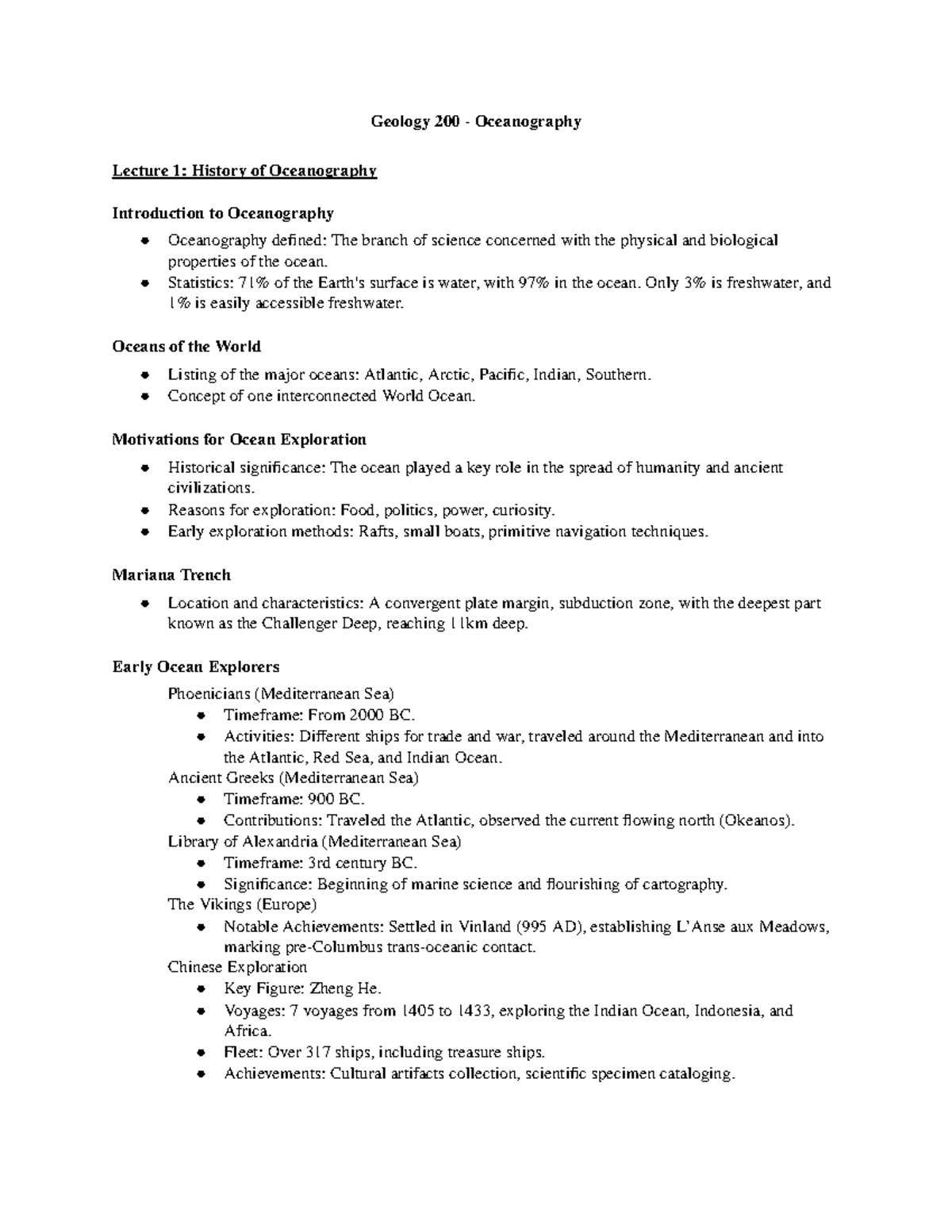 Lecture 1 Notes - Geology 200 - Oceanography Lecture 1: History of ...