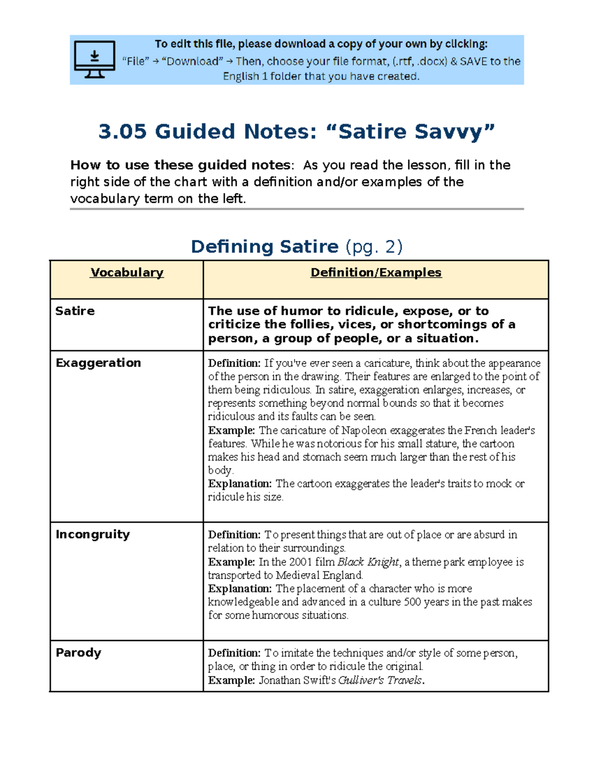 3.05 Guided Notes - 3 Guided Notes: “Satire Savvy” How to use these ...