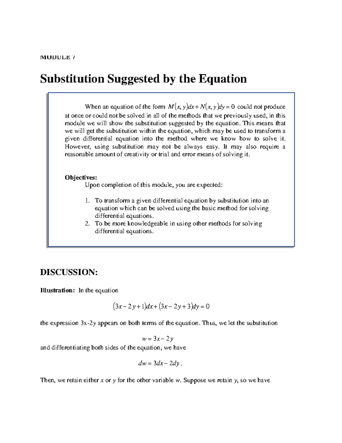 Substitution Suggested by the Equation - Department of Mathematics and ...