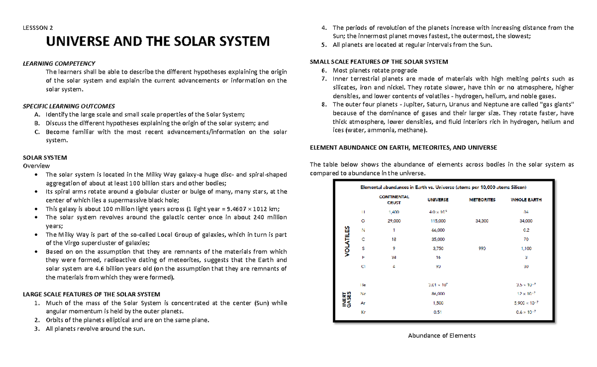 Lessson-2 ES - fffff - LESSSON 2 UNIVERSE AND THE SOLAR SYSTEM LEARNING ...