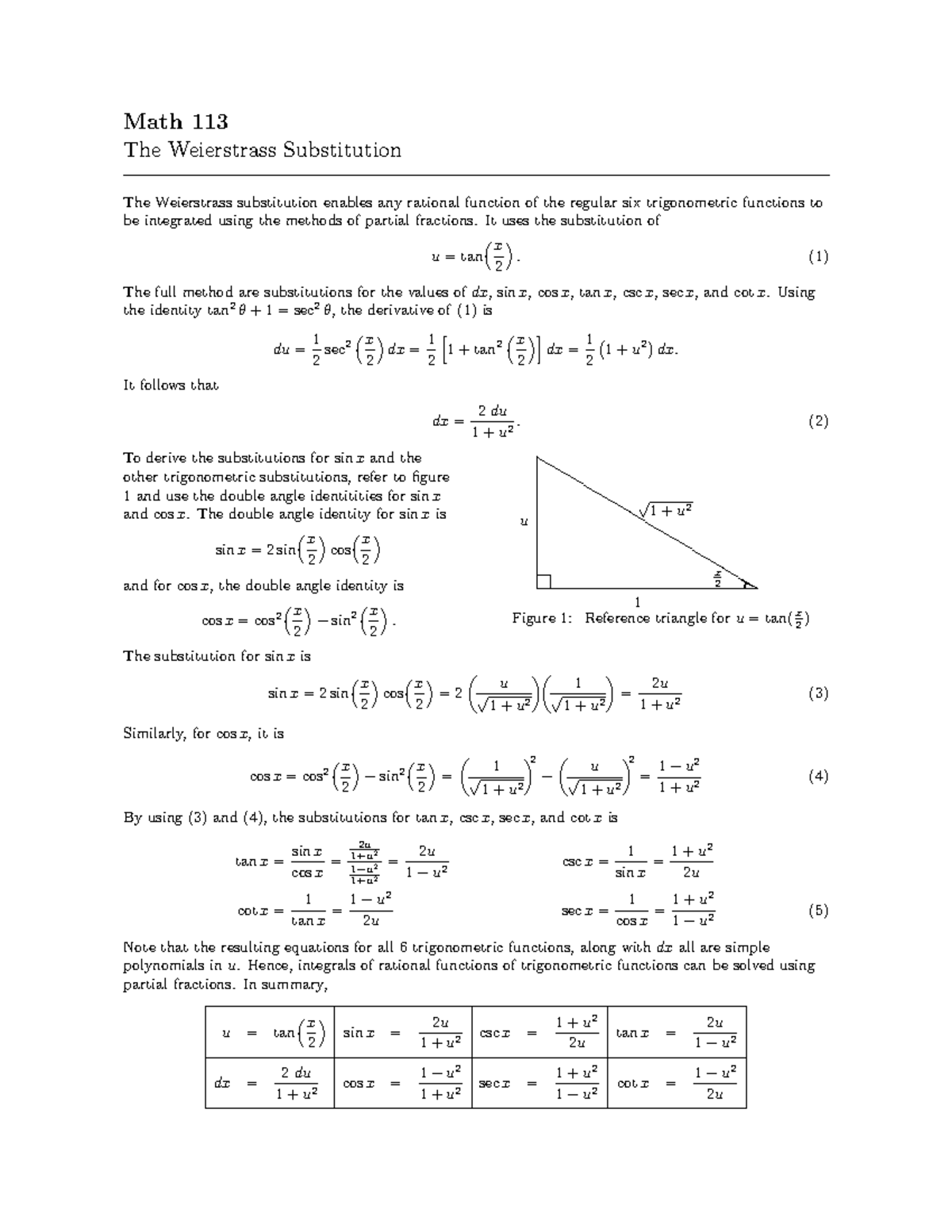 Weierstrass - Lecture notes 1 - Math 113 The Weierstrass Substitution ...