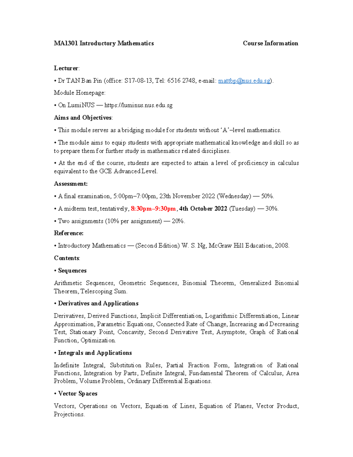 MA1301 AY2022 2023 Semester 1 Course Information Outline - MA1301 Introductory Mathematics ...