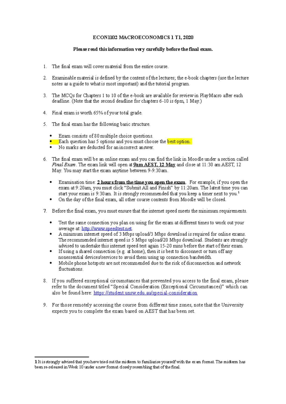Final Exam - ECON1102 MACROECONOMICS 1 T1, 2020 Please read this ...
