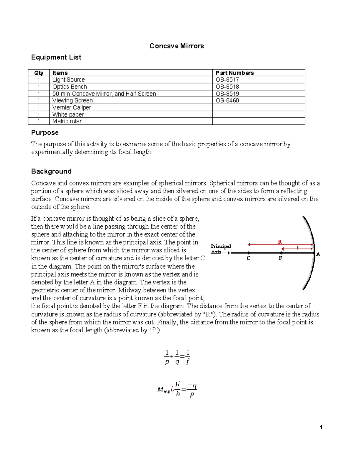 Concave Mirrors Edited 8 - Concave Mirrors Equipment List Qty Items ...