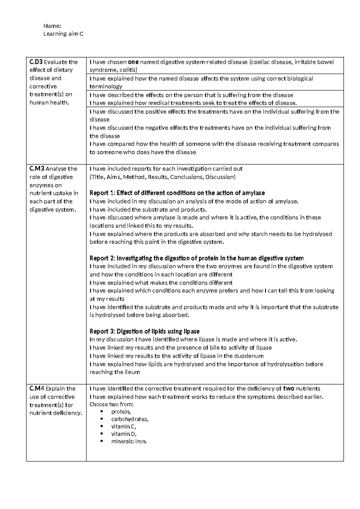 unit 8 learing aim c checklist - Name: Learning aim C C Evaluate the ...