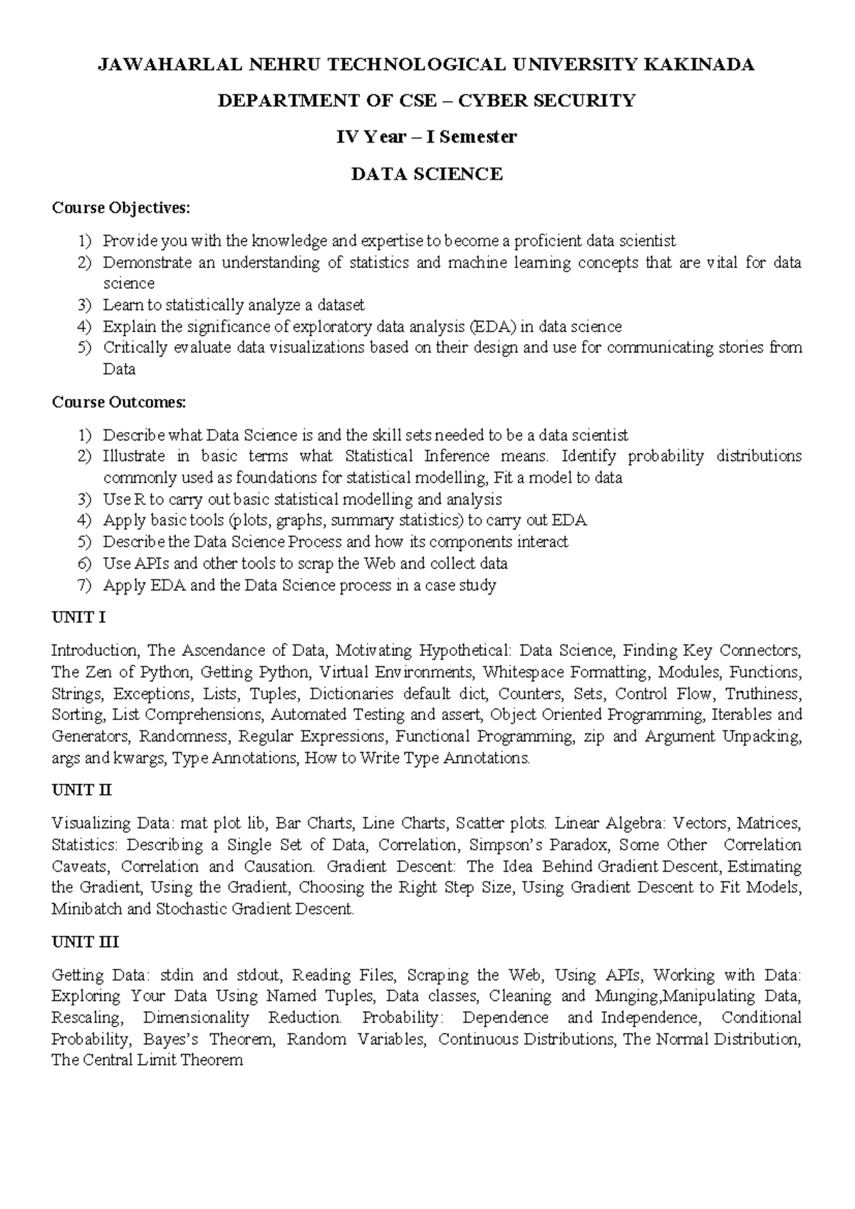 DS syllabus from CSE - Cyber Security - JAWAHARLAL NEHRU TECHNOLOGICAL UNIVERSITY KAKINADA - Studocu